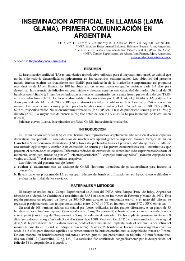 (PDF) Inseminacion Artificial en Llamas (Lama Glama). Primera ...