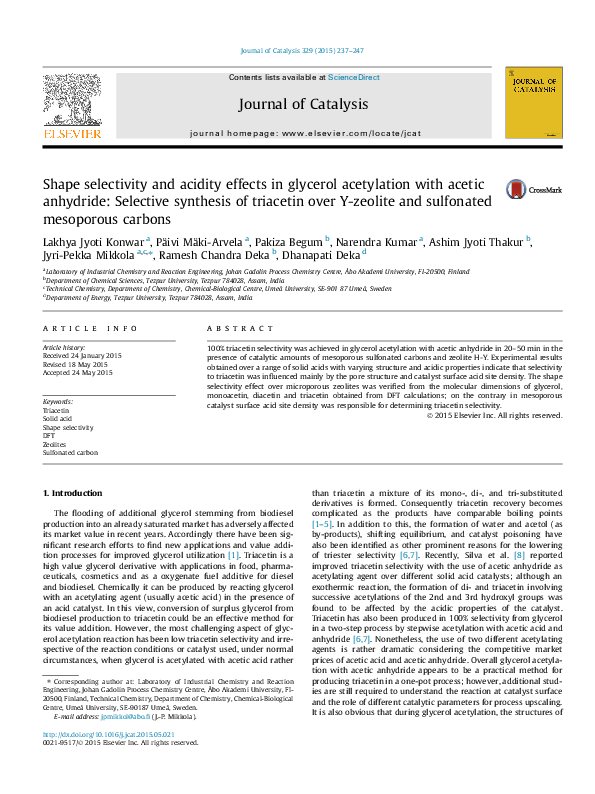 (PDF) Shape selectivity and acidity effects in glycerol acetylation ...