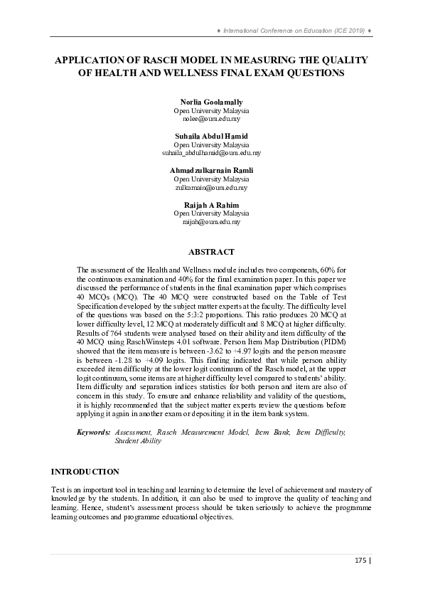 (PDF) Application of rasch model in measuring the quality of health and wellness final exam ...