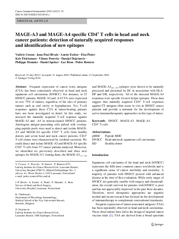 (PDF) MAGE-A3 and MAGE-A4 specific CD4+ T cells in head and neck cancer ...