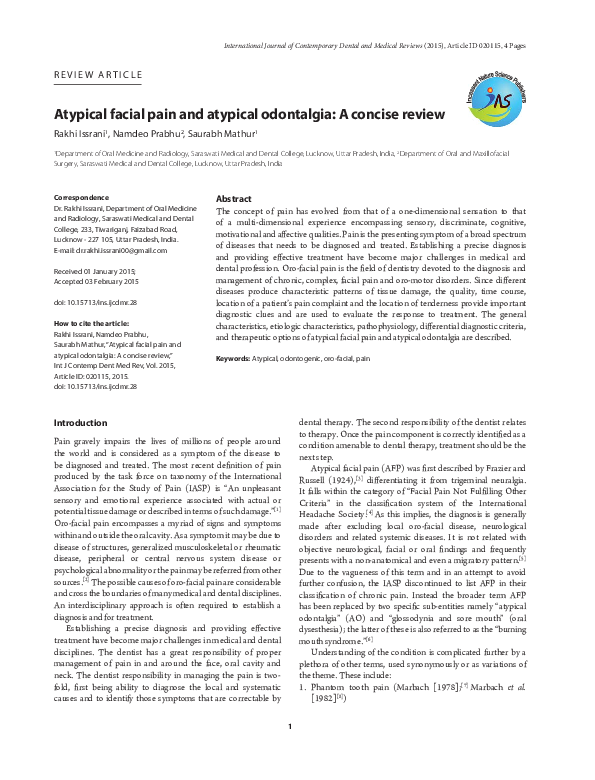 (PDF) Atypical facial pain and atypical odontalgia: A concise review