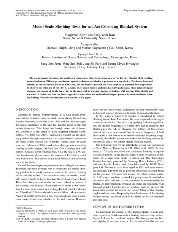 (PDF) Model-Scale Sloshing Tests for an Anti-Sloshing Blanket System