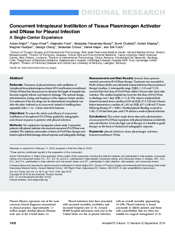 (PDF) Concurrent Intrapleural Instillation of Tissue Plasminogen ...