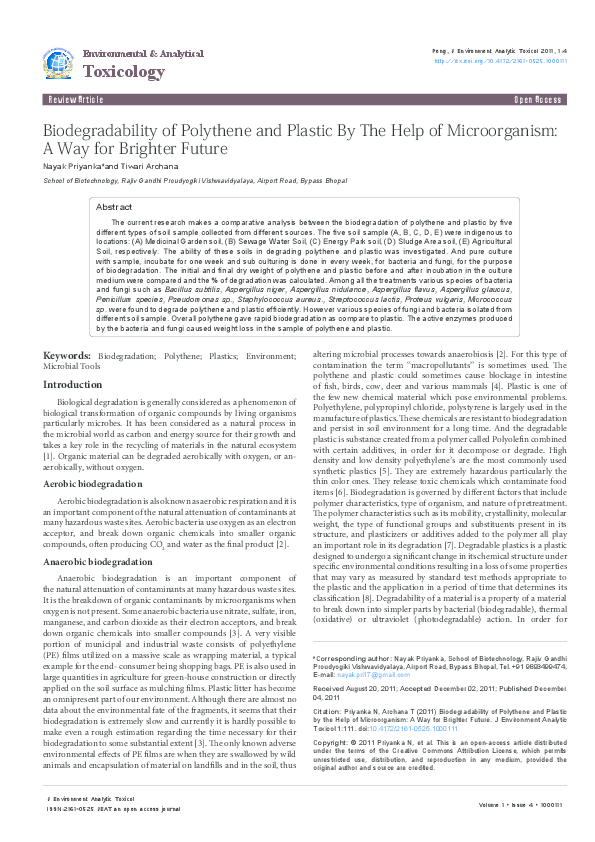 (PDF) Biodegradability of Polythene and Plastic by the Help of Microorganism: A Way for Brighter ...
