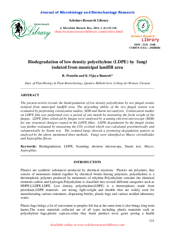 (PDF) Biodegradation of low density polyethylene (LDPE) by fungi isolated from municipal ...