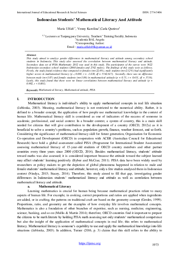 (PDF) Indonesian Students’ Mathematical Literacy And Attitude