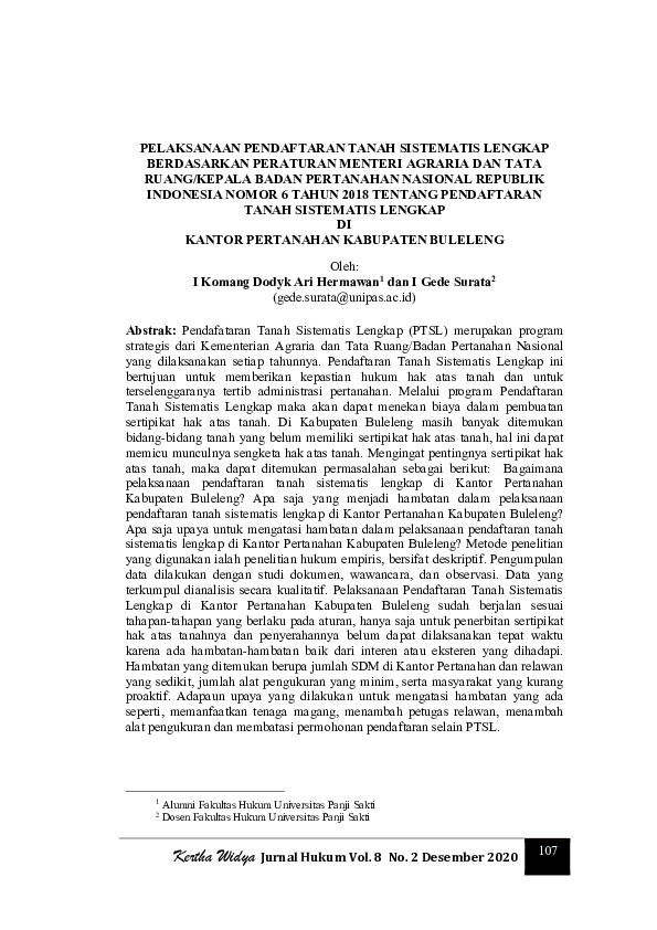 (PDF) Pelaksanaan Pendaftaran Tanah Sistematis Lengkap Berdasarkan Peraturan Menteri Agraria Dan ...