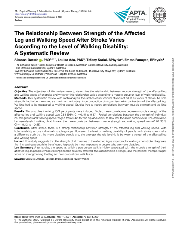 (PDF) The Relationship Between Strength of the Affected Leg and Walking ...