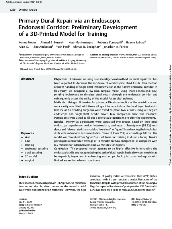 (PDF) Primary Dural Repair via an Endoscopic Endonasal Corridor ...