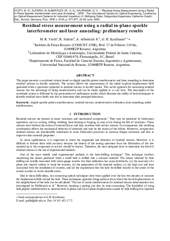 (PDF) Residual stress measurement using a radial in-plane speckle ...