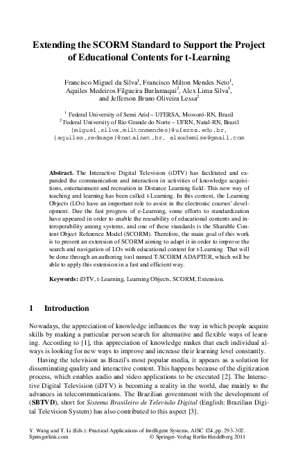 (PDF) Extending the SCORM Standard to Support the Project of Educational Contents for t-Learning