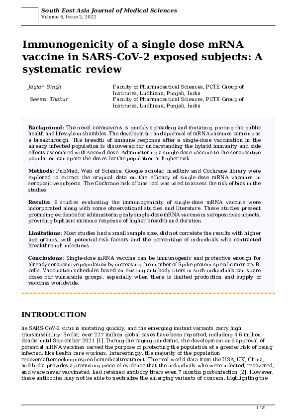 (PDF) Immunogenicity of a single dose mRNA vaccine in SARS-CoV-2 ...