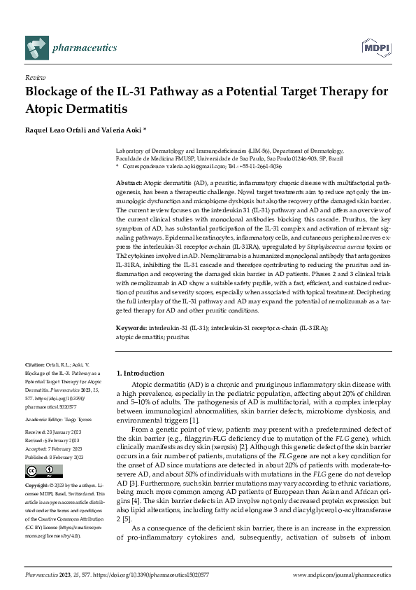 (PDF) Blockage of the IL-31 Pathway as a Potential Target Therapy for ...