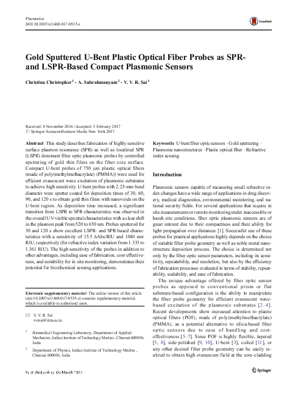 (PDF) Gold Sputtered U-Bent Plastic Optical Fiber Probes as SPR- and LSPR-Based Compact ...