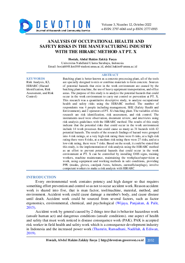 (PDF) Analysis of Occupational Health and Safety Risks In The Manufacturing Industry With The ...