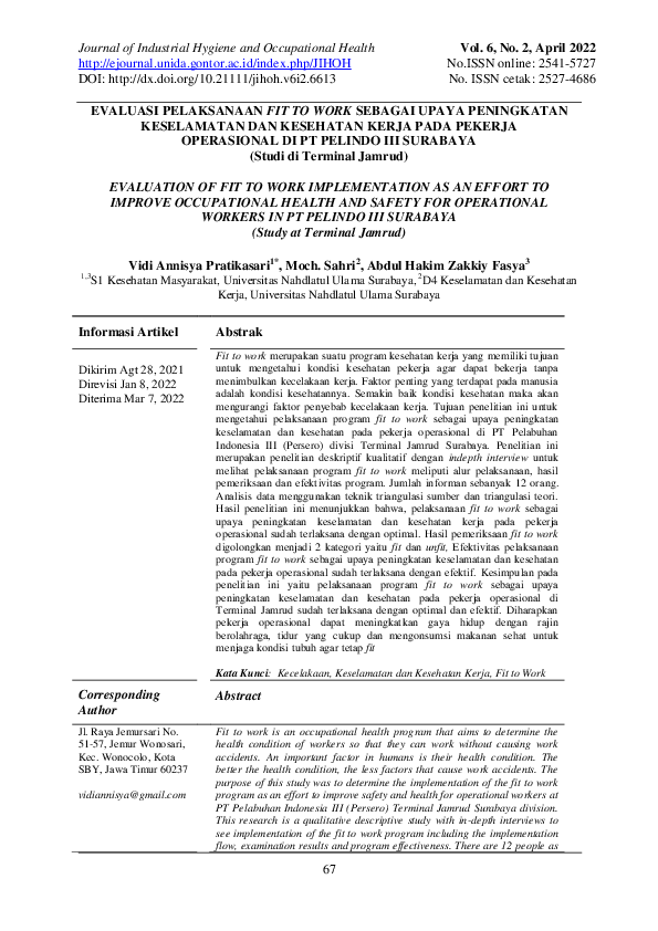 (PDF) EVALUASI PELAKSANAAN FIT TO WORK SEBAGAI UPAYA PENINGKATAN ...