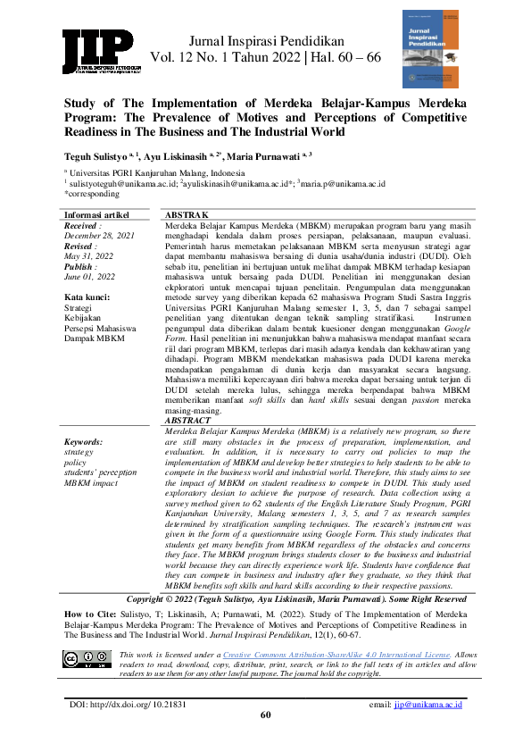 (PDF) Study of The Implementation of Merdeka Belajar-Kampus Merdeka Program