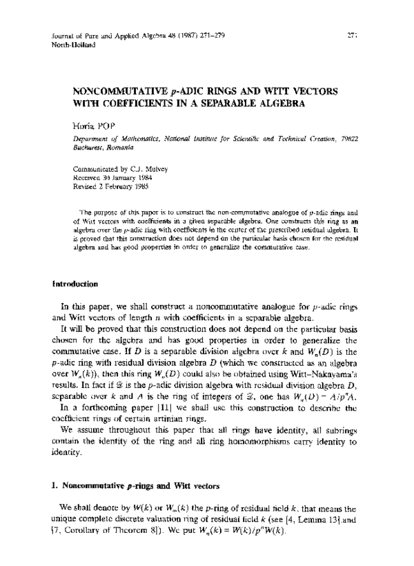 (PDF) Noncommutative p-adic rings and Witt vectors with coefficients in ...
