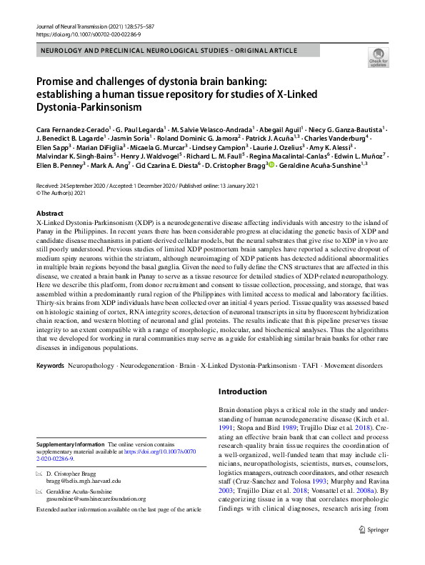 (PDF) Promise and challenges of dystonia brain banking: establishing a ...