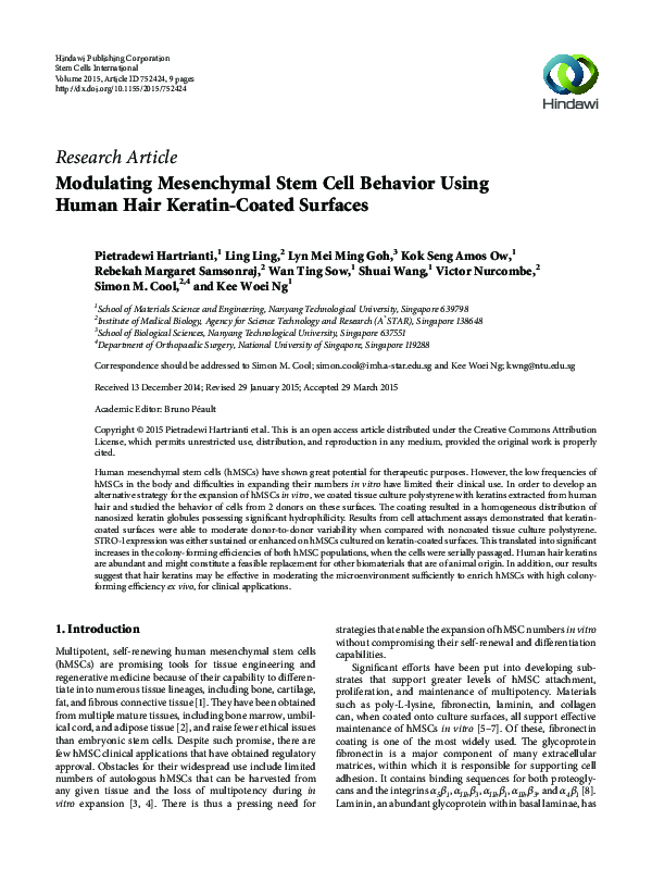 (PDF) Modulating Mesenchymal Stem Cell Behavior Using Human Hair Keratin-Coated Surfaces ...