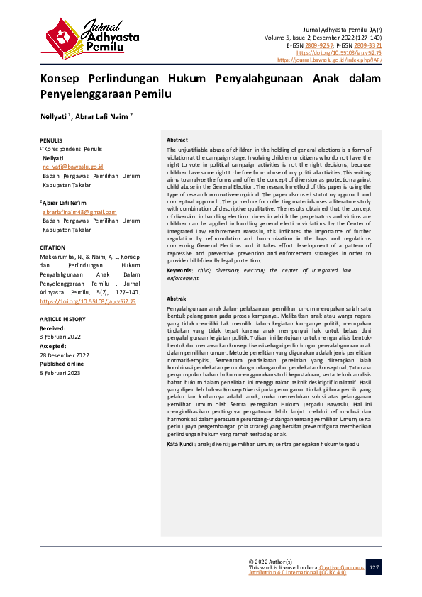 (PDF) Konsep dan Perlindungan Hukum Penyalahgunaan Anak Dalam Penyelenggaraan Pemilu