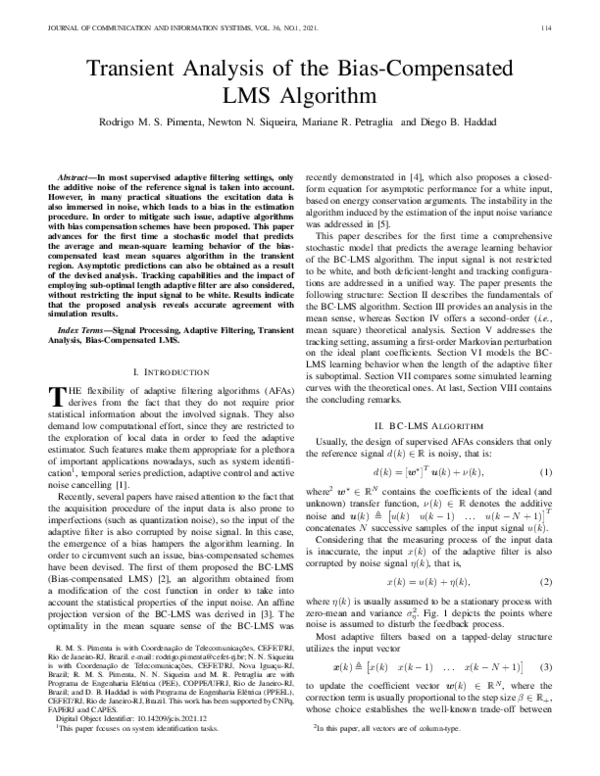 Pdf Transient Analysis Of The Bias Compensated Lms Algorithm