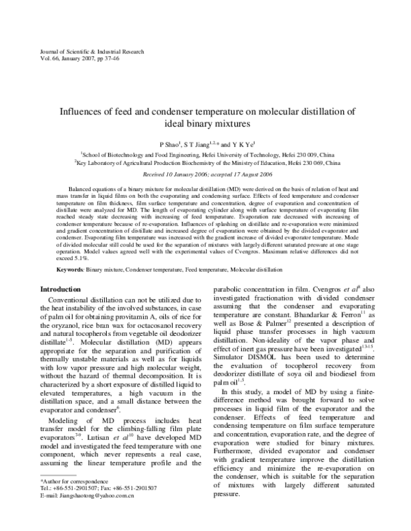 Pdf Influences Of Feed And Condenser Temperature On Molecular Distillation Of Ideal Binary 