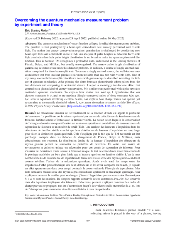 (PDF) Overcoming the quantum mechanics measurement problem by experiment and theory | Eric S T A ...