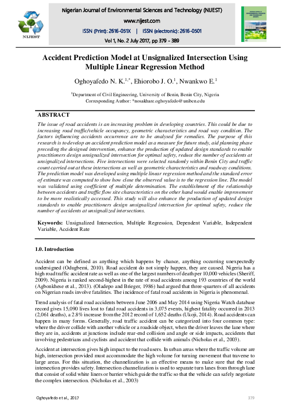 Pdf Accident Prediction Model At Unsignalized Intersection Using Multiple Linear Regression Method