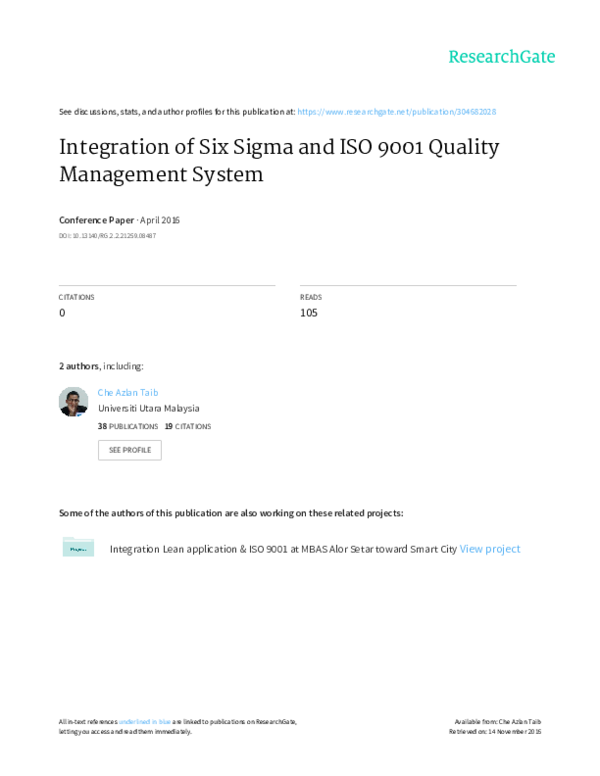 (PDF) Integration of Six Sigma and ISO 9001 Quality Management System