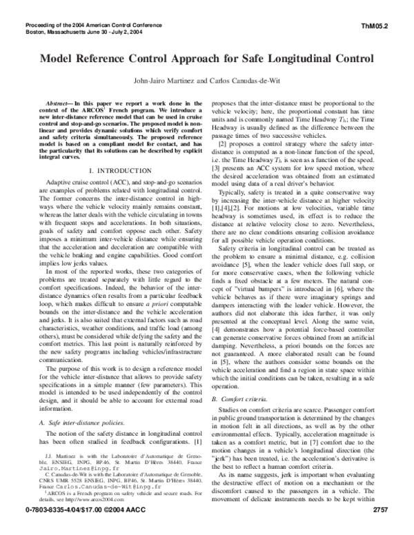 (PDF) Model reference control approach for safe longitudinal control
