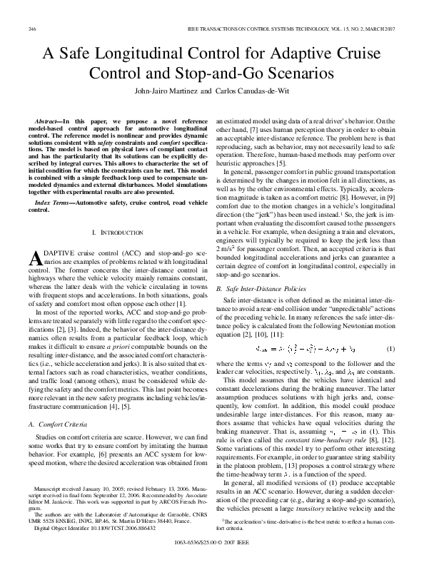 (PDF) A Safe Longitudinal Control for Adaptive Cruise Control and Stop ...
