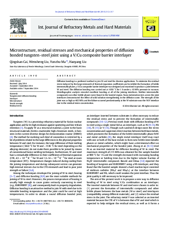 (PDF) Microstructure, residual stresses and mechanical properties of diffusion bonded tungsten ...