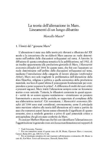 (PDF) La teoria dell’alienazione in Marx. Lineamenti di un lungo dibattito