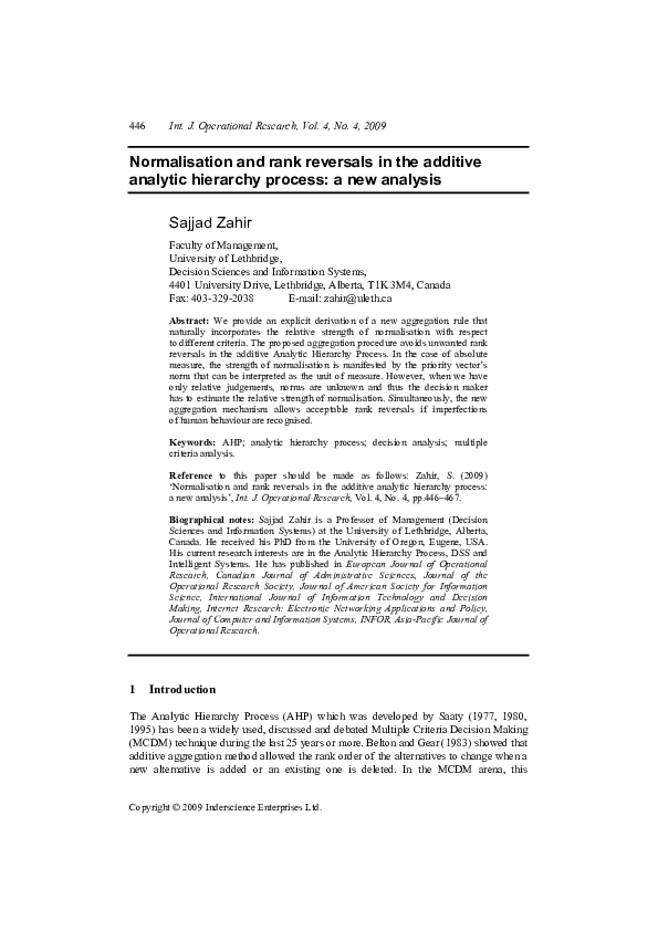 (PDF) Normalisation and rank reversals in the additive analytic hierarchy process: a new analysis
