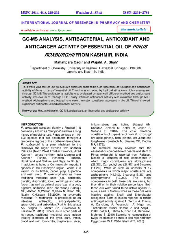 (PDF) GC-MS Analysis, Antibacterial, Antioxidant and Anticancer Activity of Essential Oil of ...