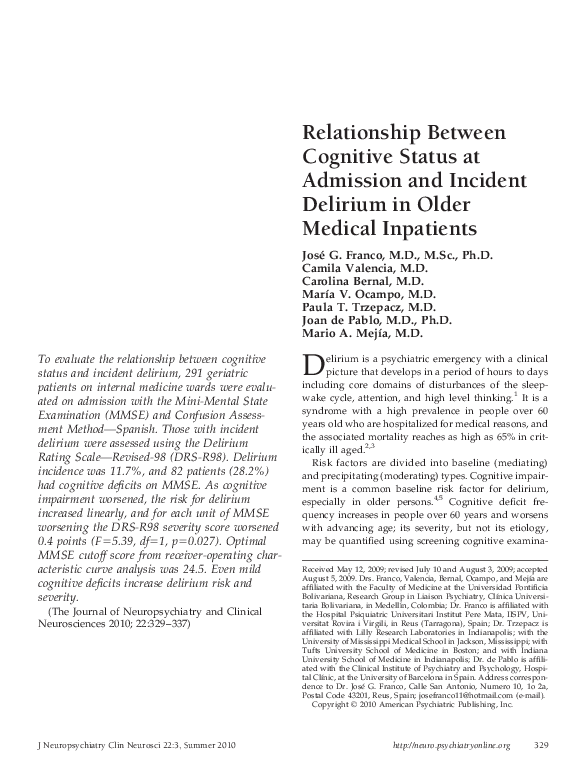 (PDF) Relationship Between Cognitive Status at Admission and Incident ...
