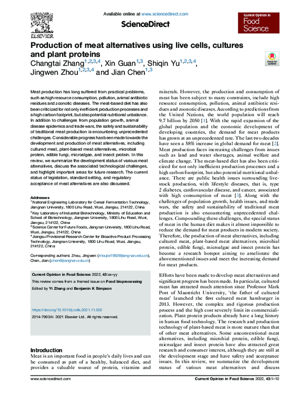 (PDF) Production of meat alternatives using live cells, cultures and ...