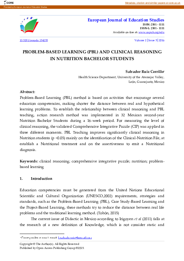 (PDF) Problem-Based Learning (Pbl) And Clinical Reasoning In Nutrition ...