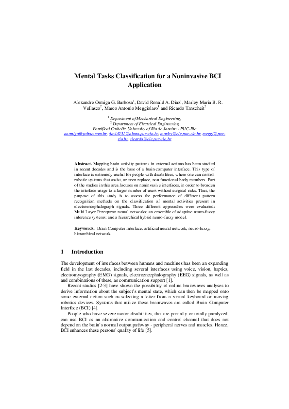 (PDF) Mental Tasks Classification for a Noninvasive BCI Application