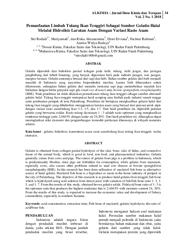 (PDF) Pemanfaatan Limbah Tulang Ikan Tenggiri Sebagai Sumber Gelatin Halal Melalui Hidrolisis ...