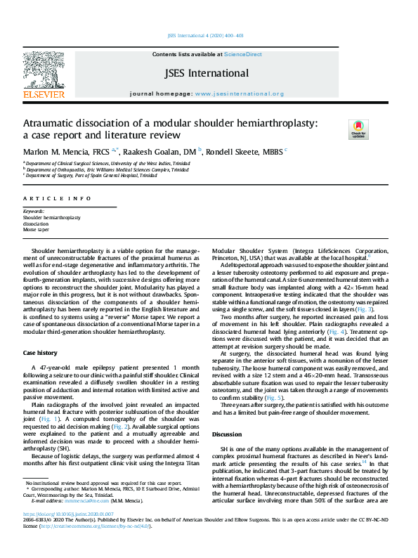 (PDF) Atraumatic dissociation of a modular shoulder hemiarthroplasty: a ...