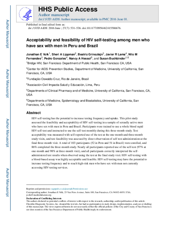 Pdf Acceptability And Feasibility Of Hiv Self Testing Among Men Who Have Sex With Men In Peru