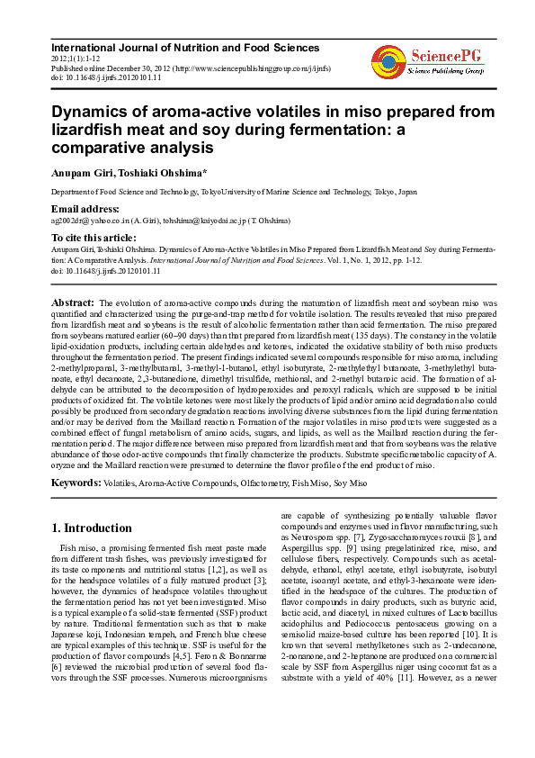 (PDF) Dynamics of Aroma-Active Volatiles in Miso Prepared from Lizardfish Meat and Soy during ...