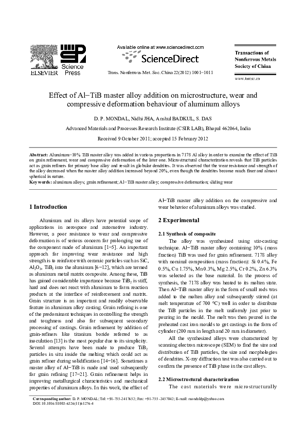 Pdf Effect Of Al Tib Master Alloy Addition On Microstructure Wear And Compressive Deformation