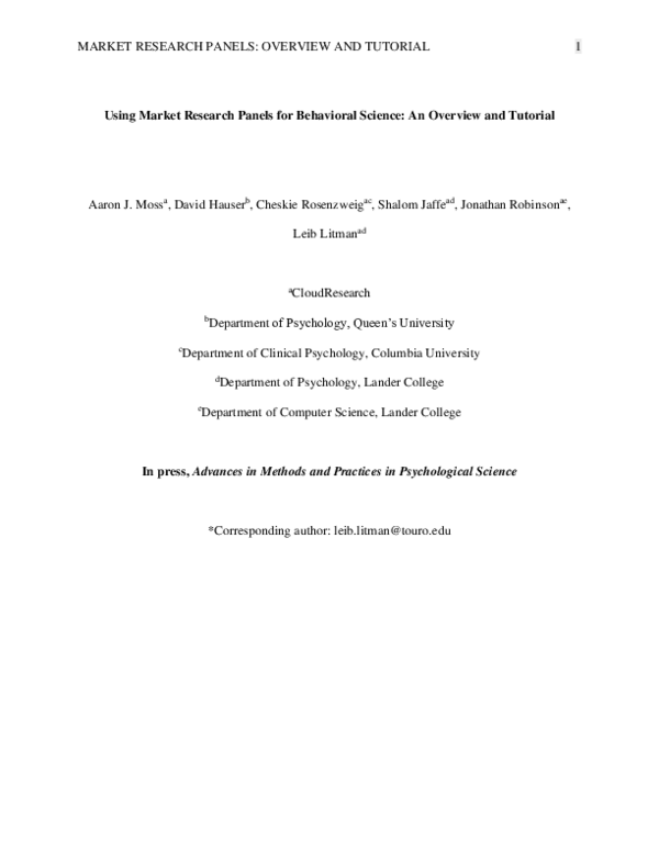 (PDF) Using Market Research Panels for Behavioral Science: An Overview ...