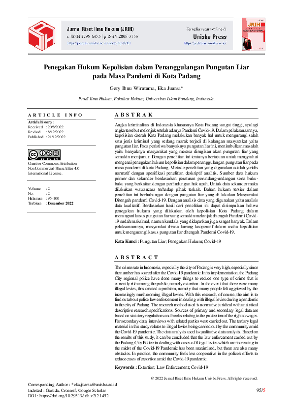 (PDF) Penegakan Hukum Kepolisian dalam Penanggulangan Pungutan Liar pada Masa Pandemi di Kota Padang