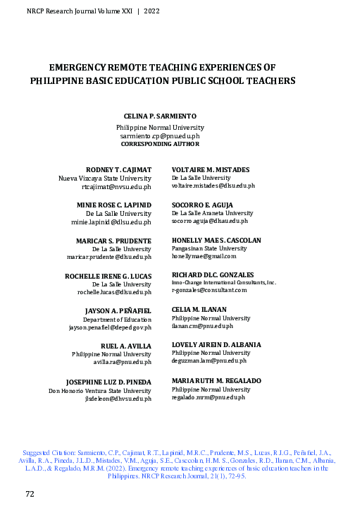 (PDF) EMERGENCY REMOTE TEACHING EXPERIENCES OF PHILIPPINE BASIC EDUCATION PUBLIC SCHOOL TEACHERS