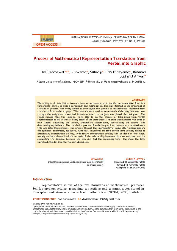 (PDF) Process of Mathematical Representation Translation from Verbal ...