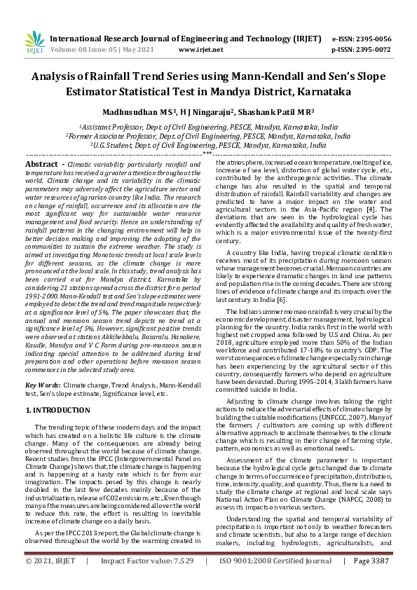(PDF) Analysis of Rainfall Trend Series using Mann-Kendall and Sen’s Slope Estimator Statistical ...